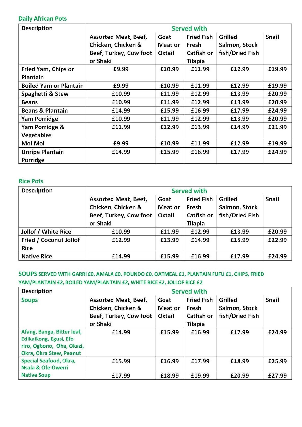 Menu at African Pots & Spices Takeaway Restaurant- Nigerian, London
