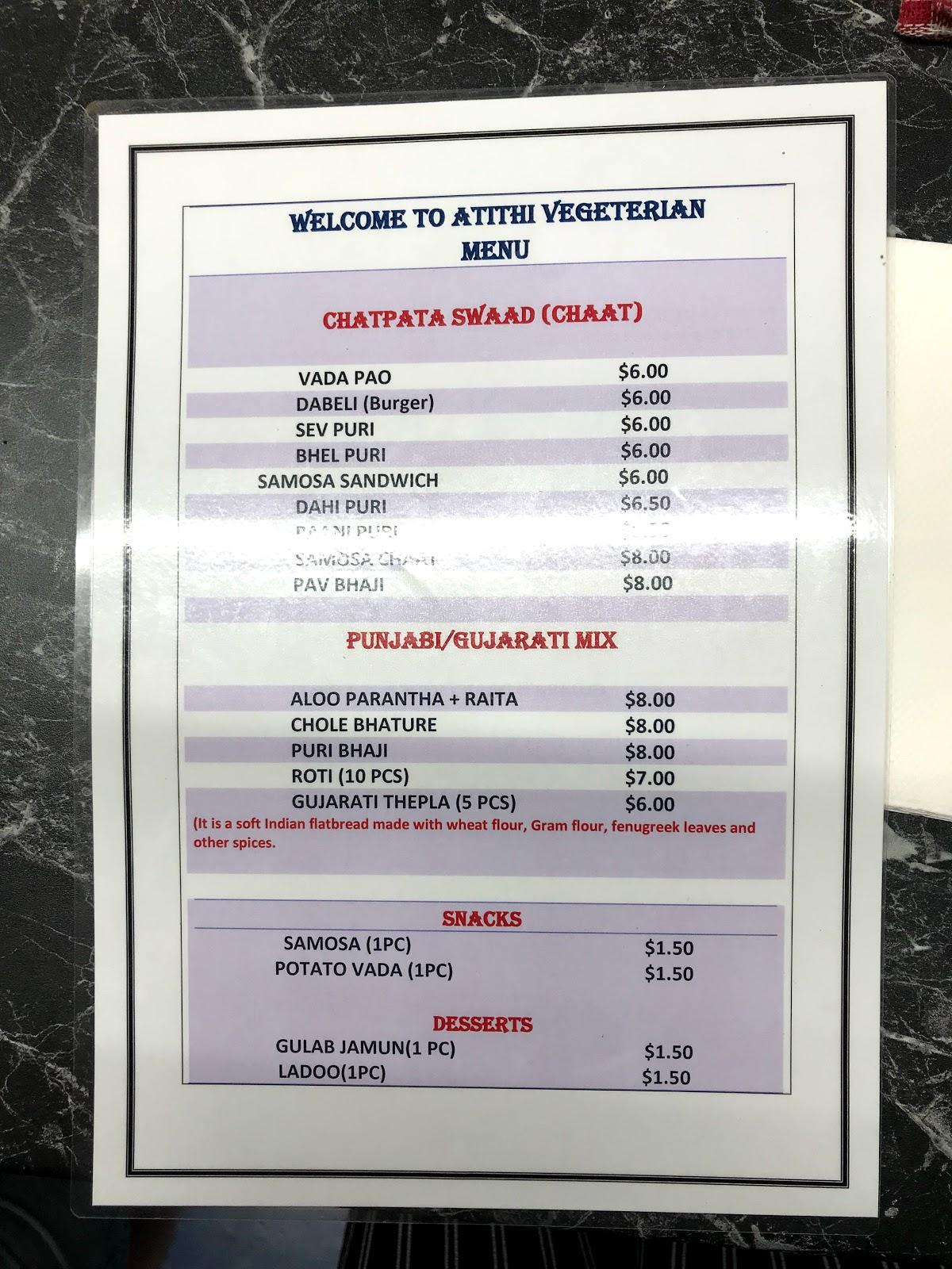 Menu at Atithi-Vegeterian restaurant, Auckland