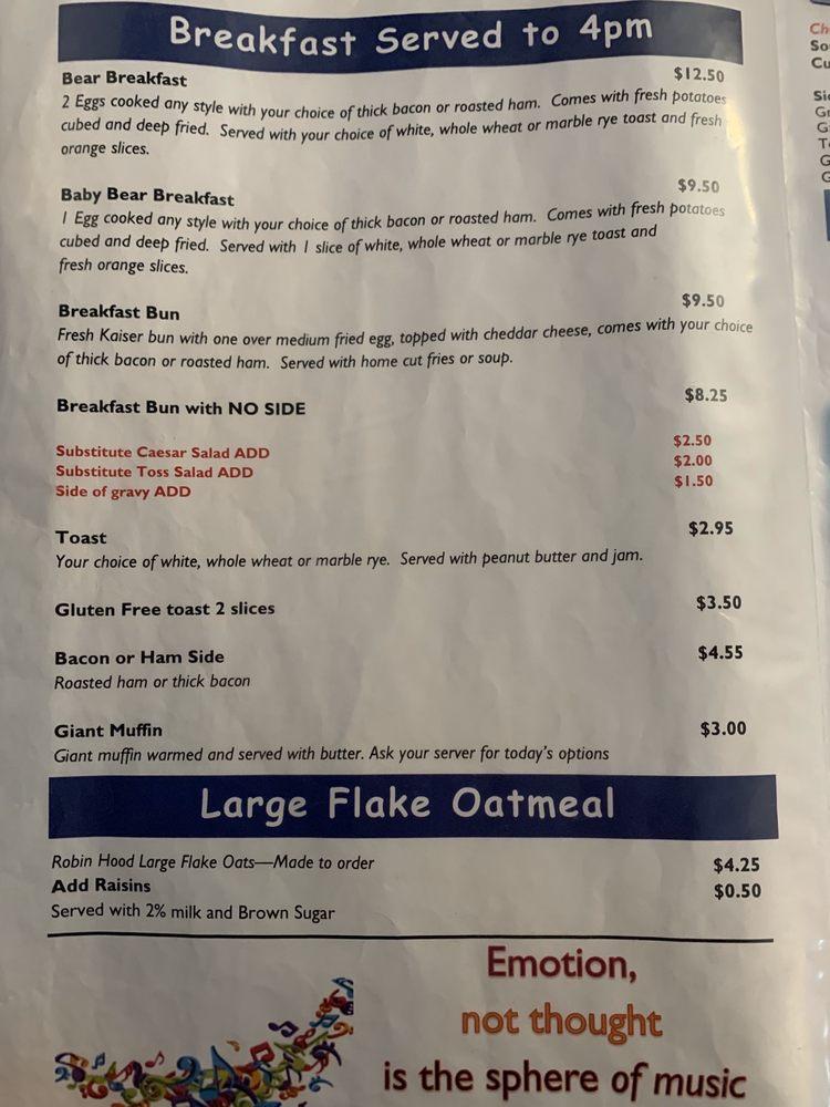 Menu at Bear's Eatery restaurant, Kimberley