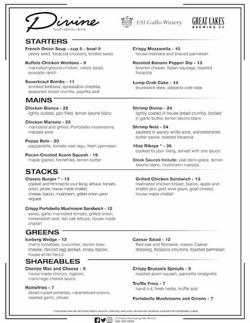 Menu at Divine Restaurant, Cuyahoga Falls
