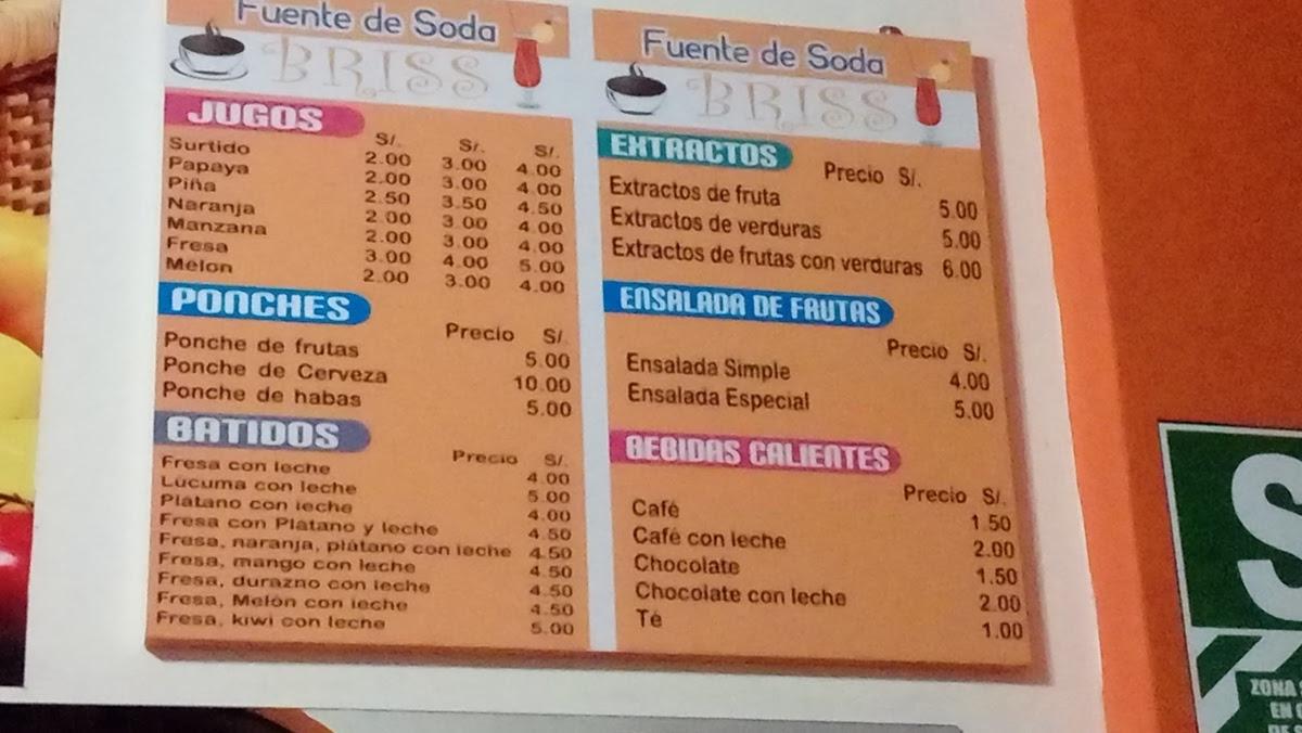 Carta del café Fuente De Soda Briss, La Esperanza