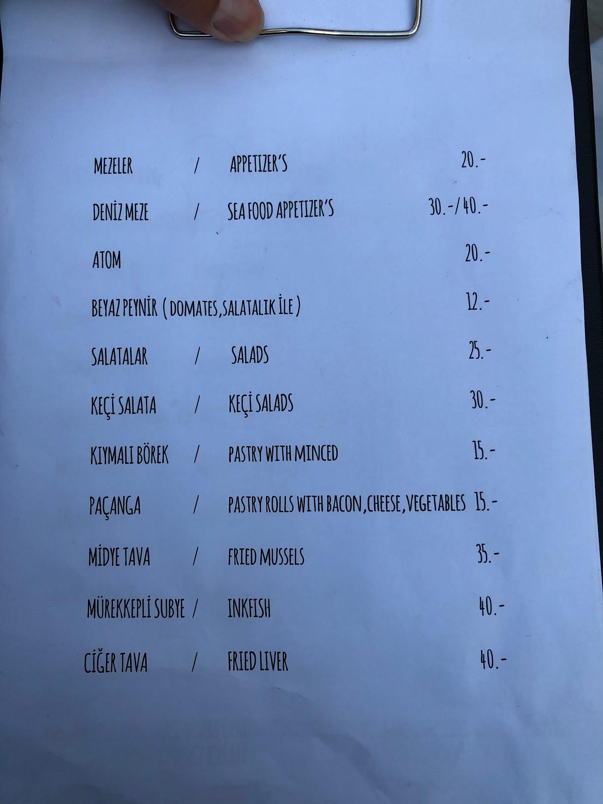 Menu at Keçibodrum, Bodrum