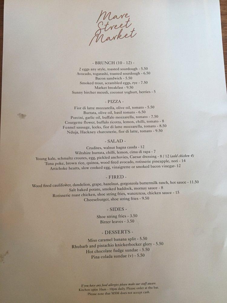 Menu at Mare Street Market restaurant, London