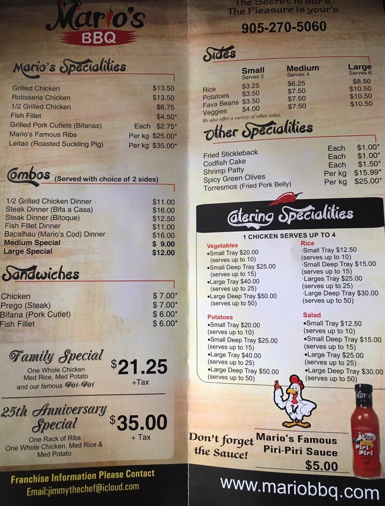 Menu at Mario's BBQ, Mississauga, Hurontario St