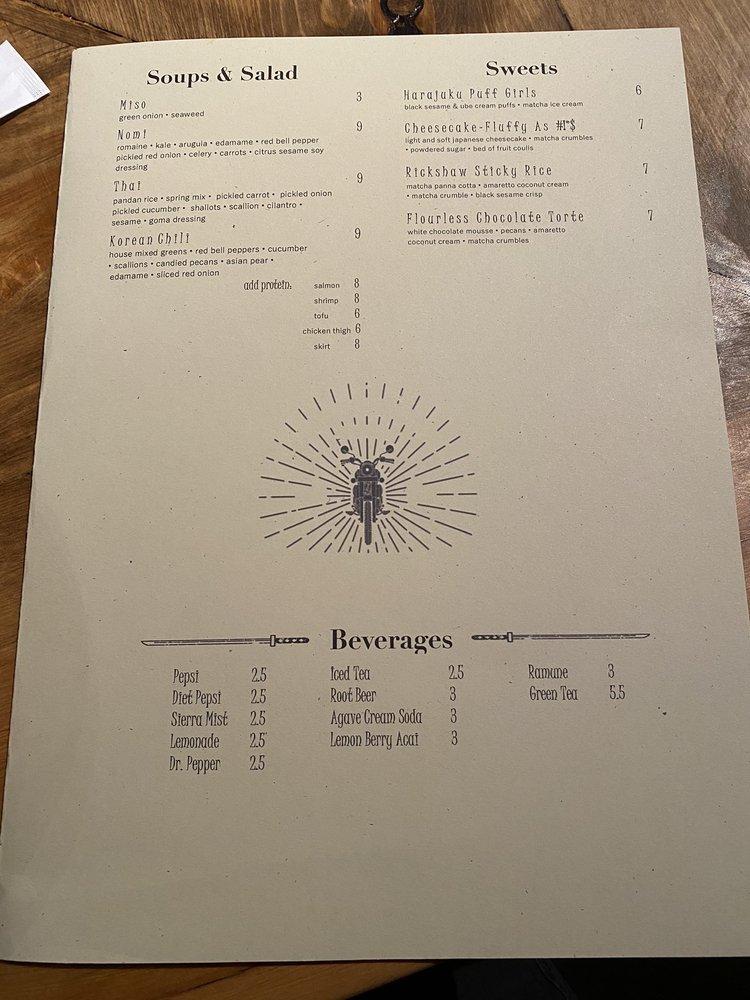 Menu at NoMi restaurant, El Paso