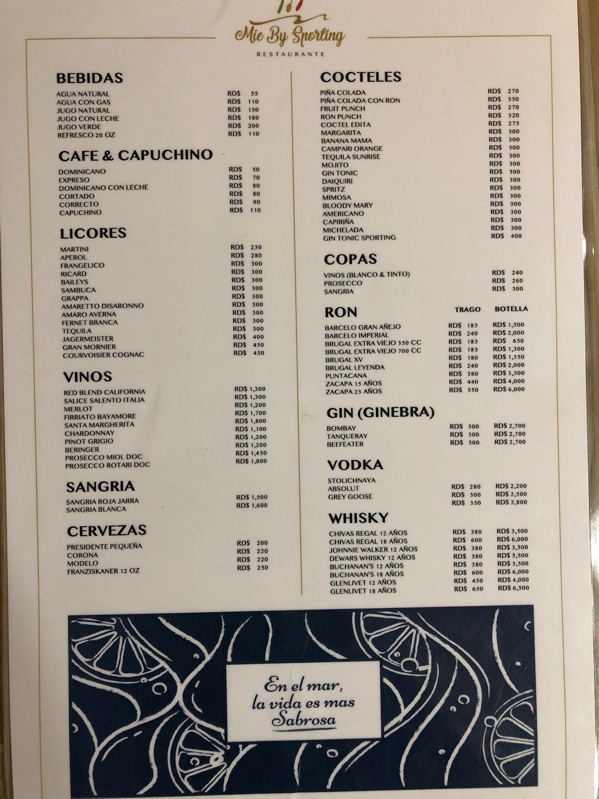 Menu at Sporting Club Boca Chica, Boca Chica