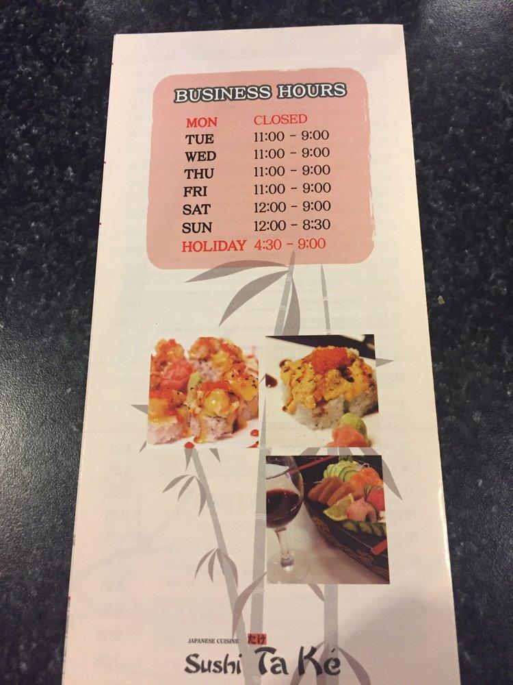 Menu at Sushi Ta Ke restaurant, Red Deer, D 50 Ave