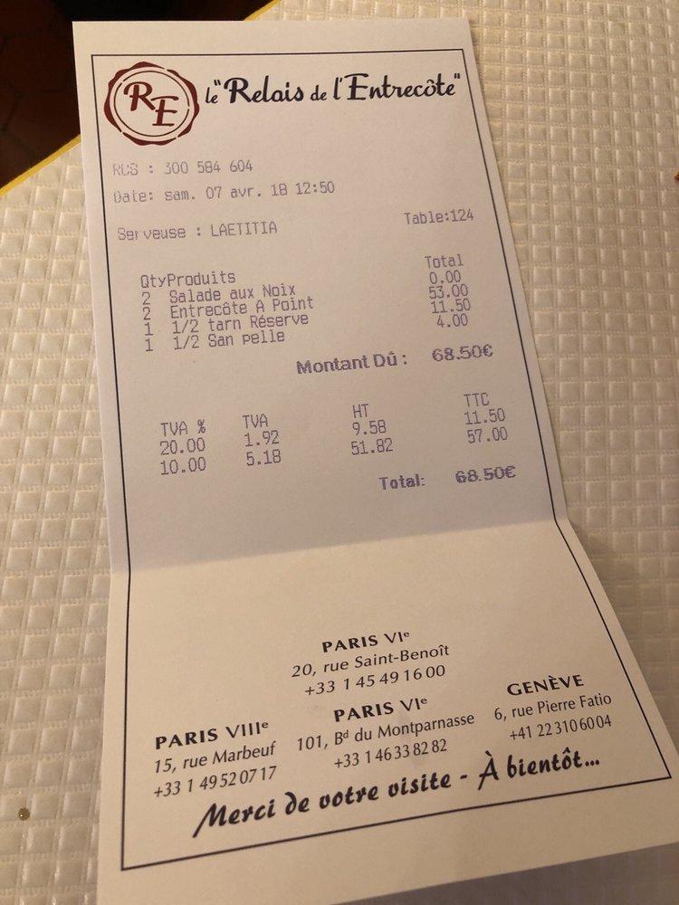 Menu au Le Relais de l'Entrecôte restaurant à viande, Paris, 20 Rue ...