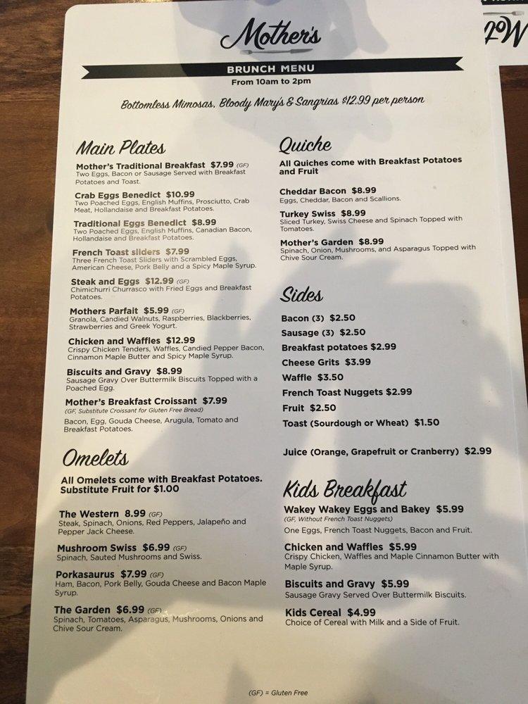Menu at Mother's restaurant, Tampa