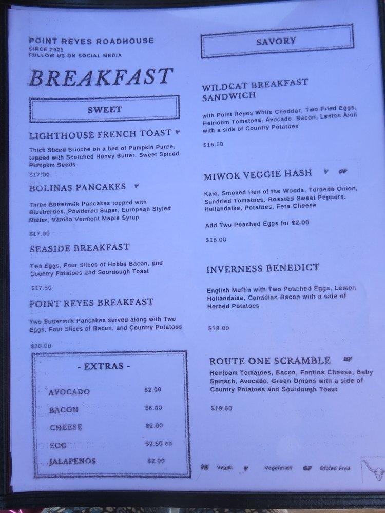 Menu at Point Reyes Roadhouse restaurant, Point Reyes Station