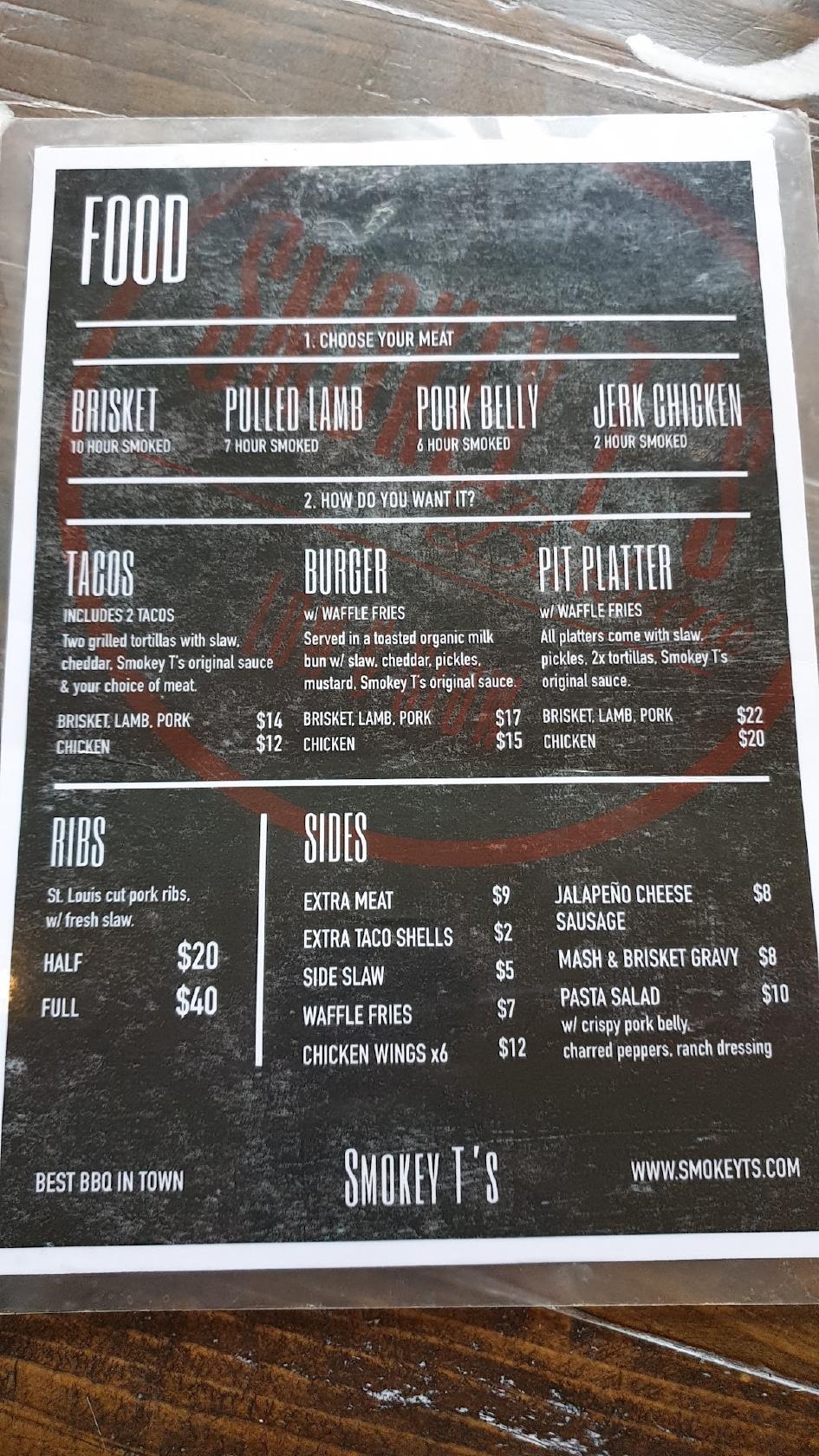 Menu at Smokey T's restaurant, Christchurch