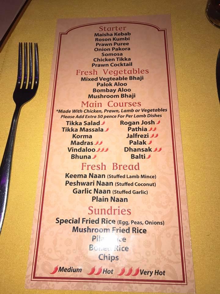 Menu at The Spice Ambassador restaurant, Cardiff