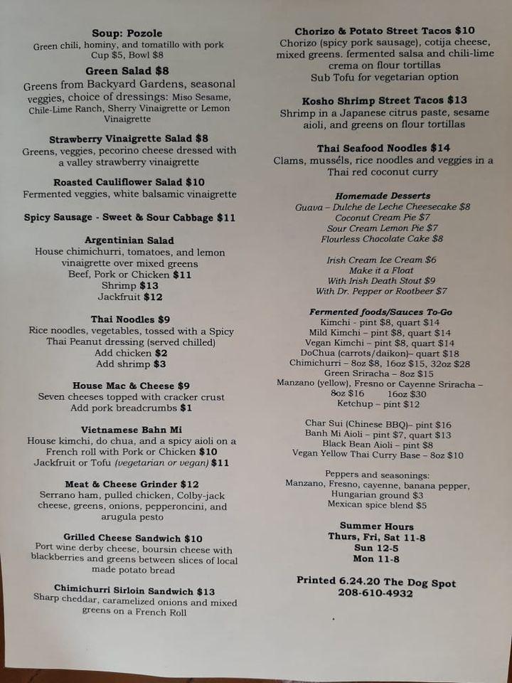Menu at The Dog Spot restaurant, Joseph
