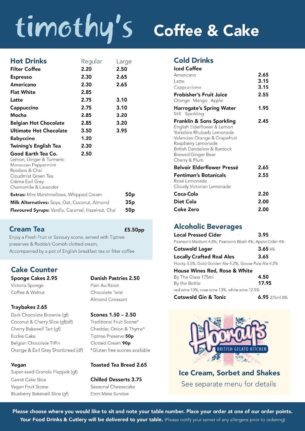 Menu at Timothy's Restaurant, Moreton-in-Marsh