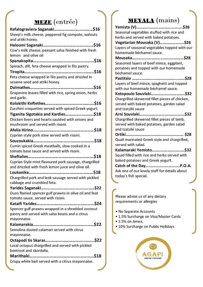 Menu at Agapi Greek Cuisine restaurant, Adelaide