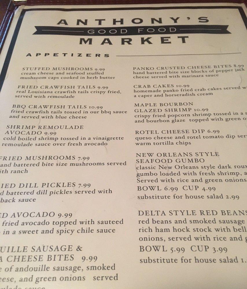 Menu at Anthony's steakhouse, West Point