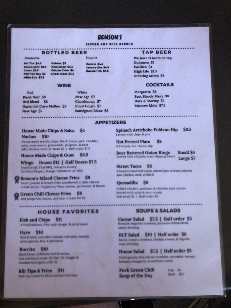 Menu at Benson's Tavern & Beer Garden pub & bar, Salida