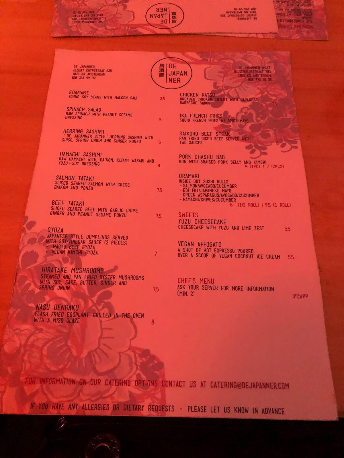 Menu at De Japanner, Amsterdam, Albert Cuypstraat 228