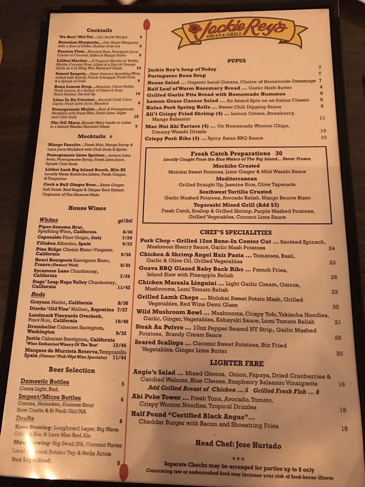 Menu at Jackie Rey's Ohana Grill Hilo steakhouse, Hilo