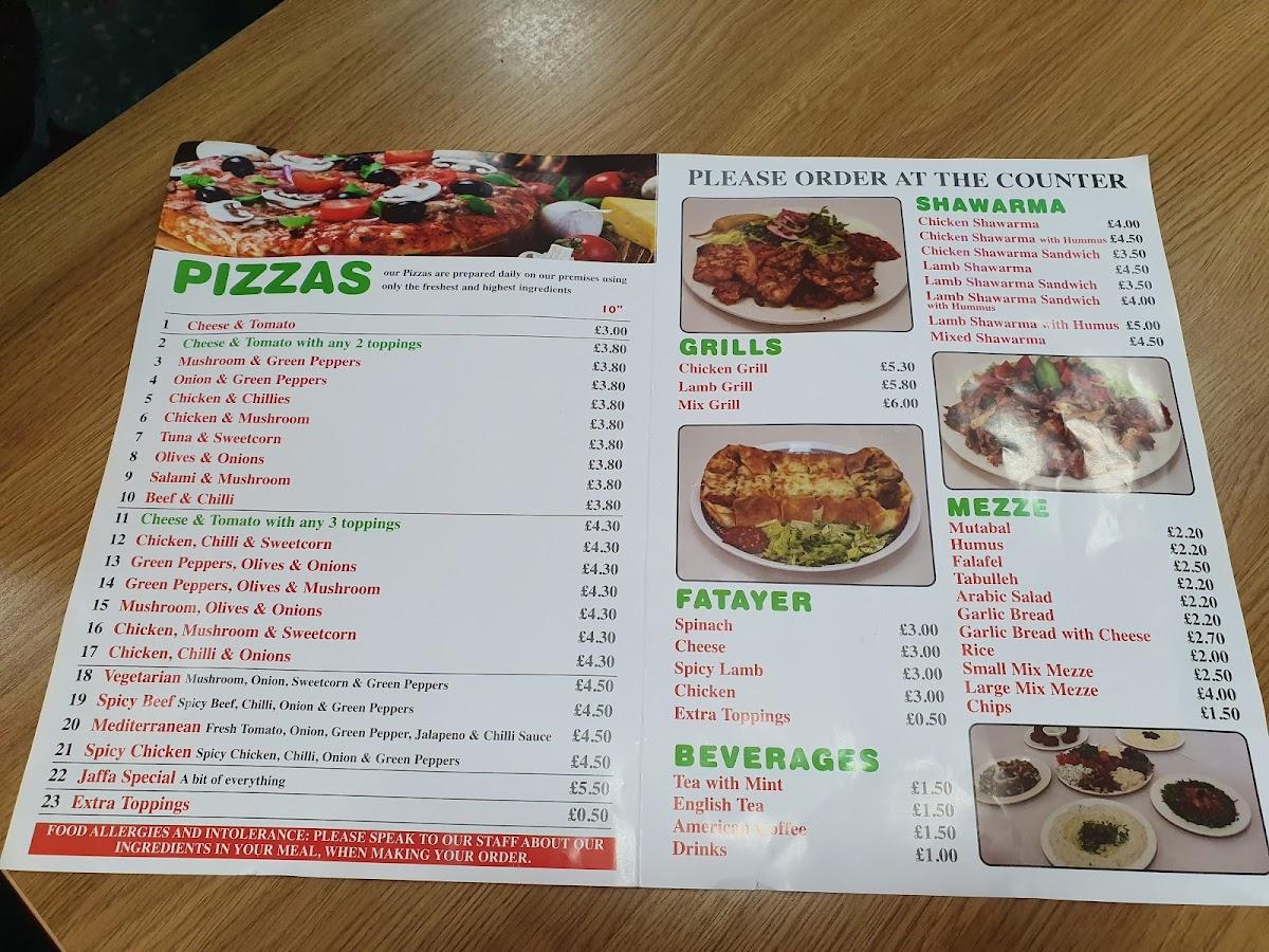 Menu at Jaffa Restaurant, Manchester