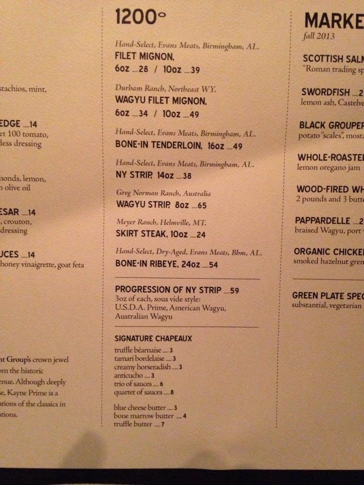 Menu at Kayne Prime Steakhouse, Nashville