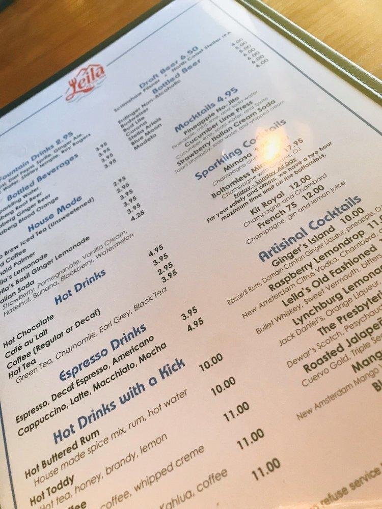 Menu at Leila by the Bay restaurant, Hercules