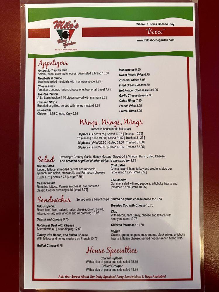 Menu at Milo's Tavern pub & bar, St. Louis
