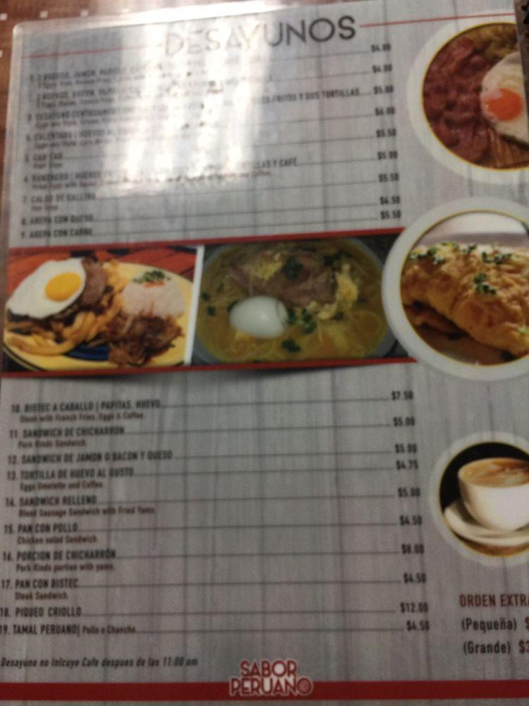 Menu at Sabor Peruano restaurant, West New York, Bergenline Ave