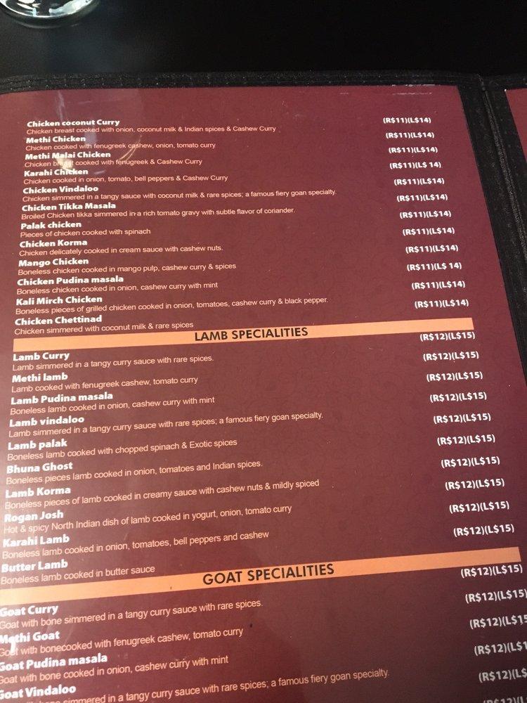 Menu at Thali Indian cuisine restaurant, Surrey
