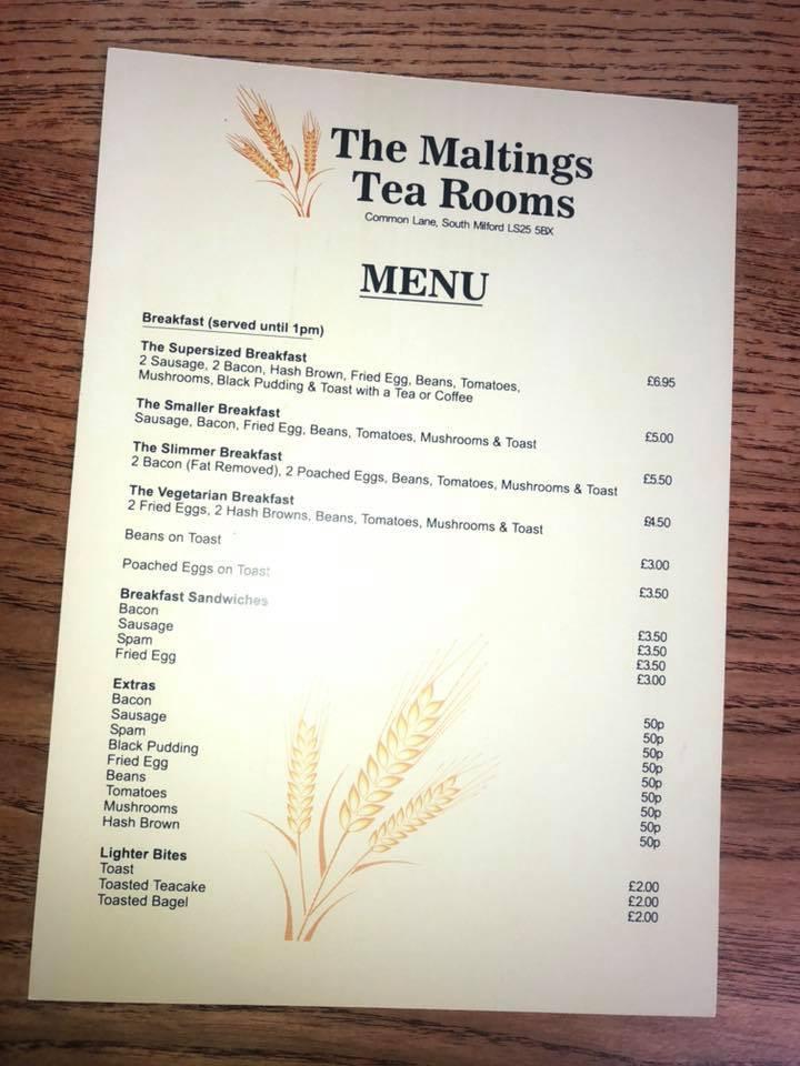 Menu at The Maltings Tea Rooms cafe, Sherburn in Elmet