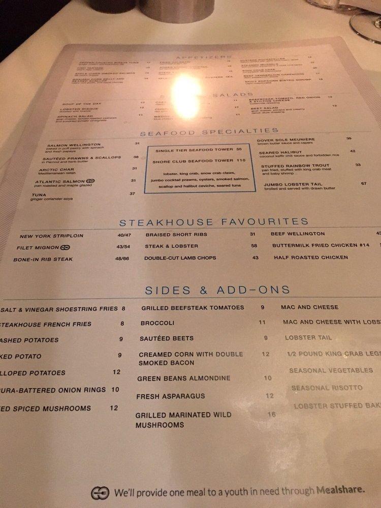 Menu at The Shore Club, Ottawa