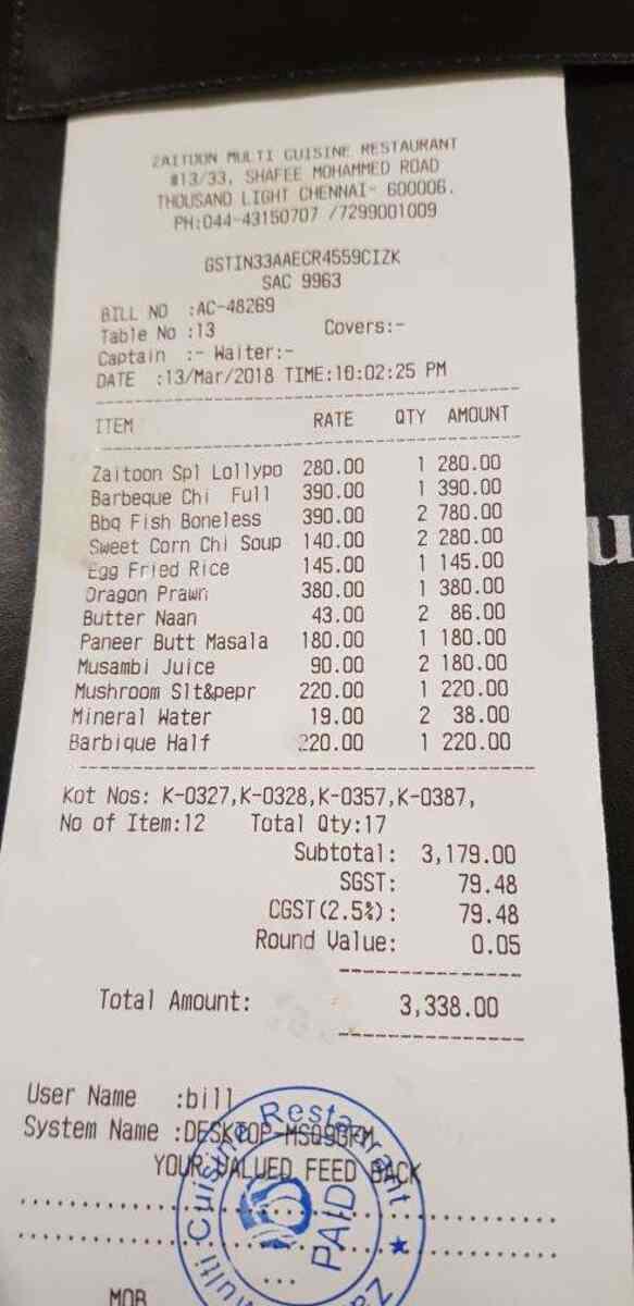 Menu at Zaitoon, Chennai, 1st Floor