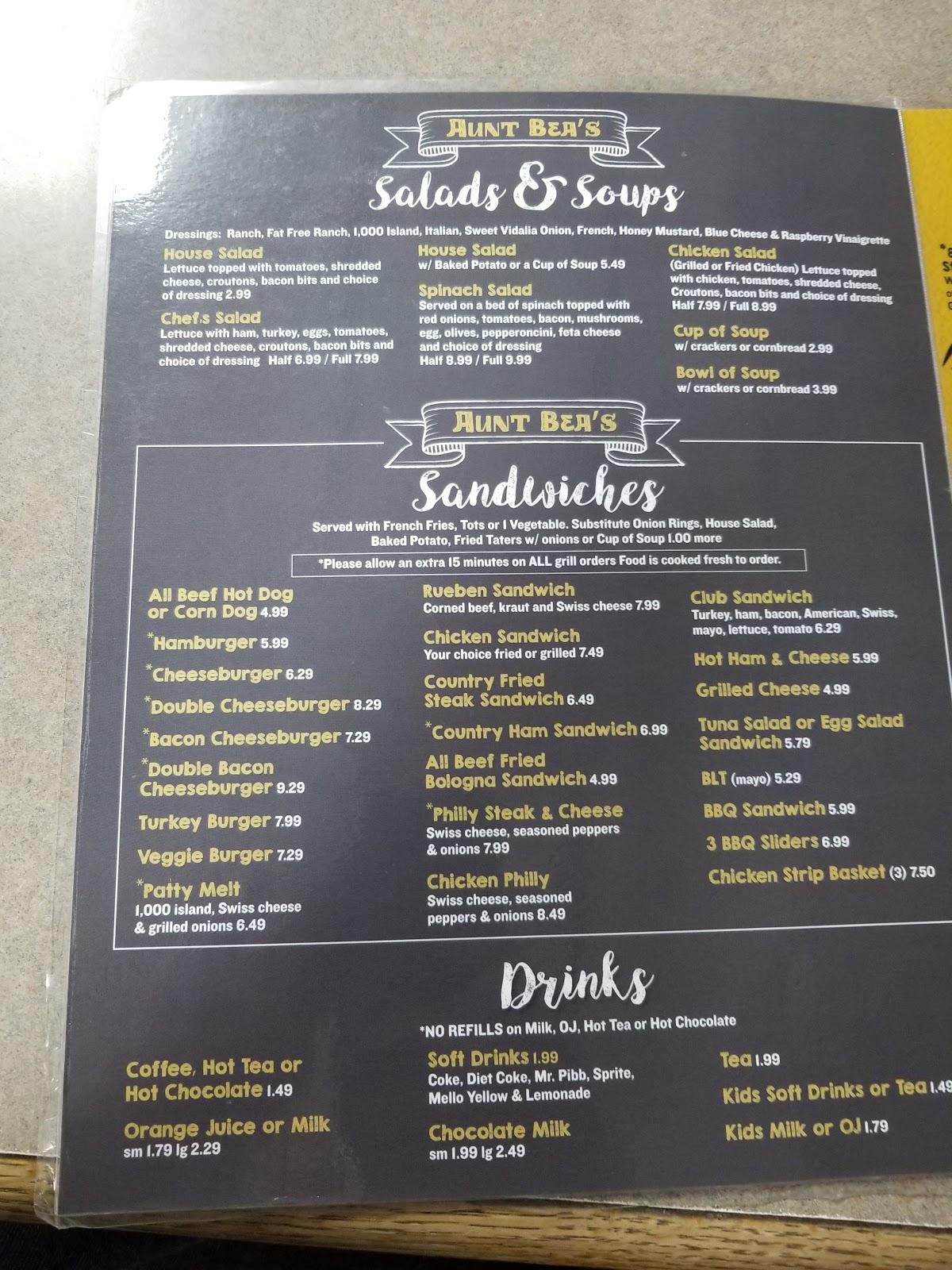Menu at Aunt Bea's Home Cooking restaurant, Greeneville