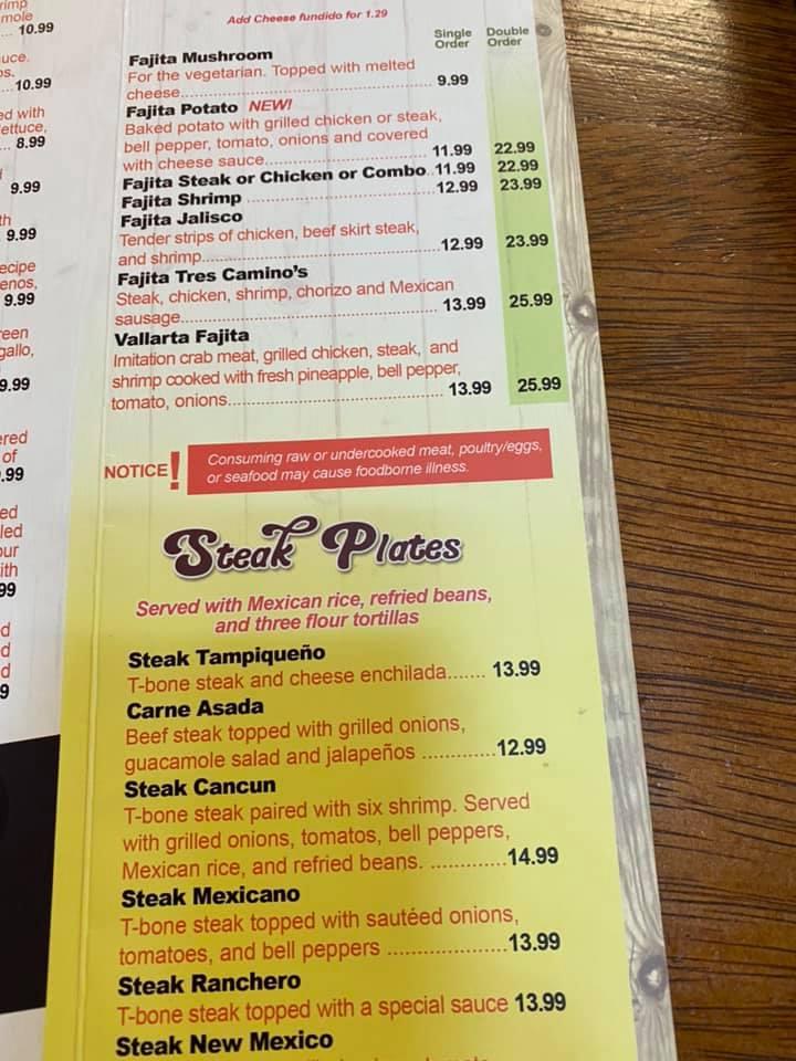 Menu at Los Tres Caminos restaurant, Marshall