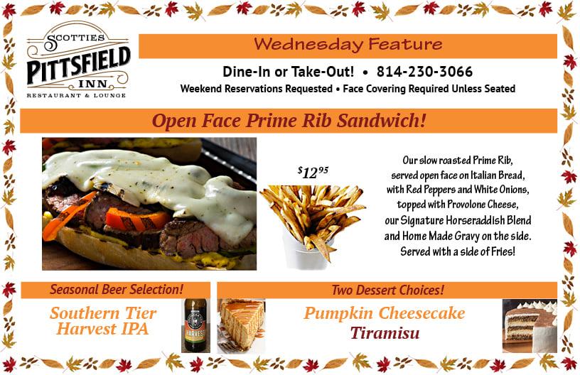 Menu at Scotties Pittsfield Inn restaurant, USA