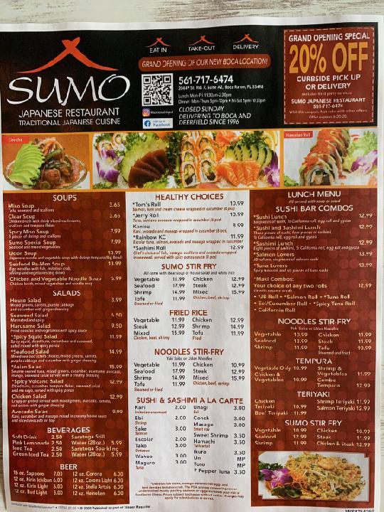 Menu at Sumo Japanese Restaurant, Boca Raton