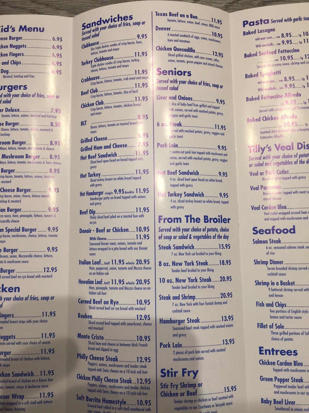Menu au Tilly's Family Dining & Pizza pizzeria, Tofield