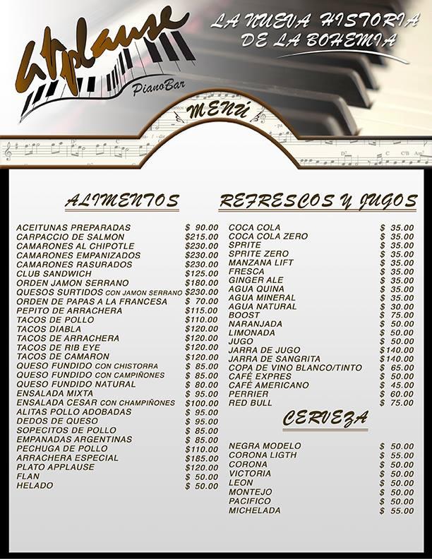Carta de Piano Bar Aplause, Ciudad de México