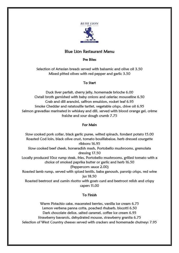Menu at Blue Lion Inn pub & bar, Lewdown