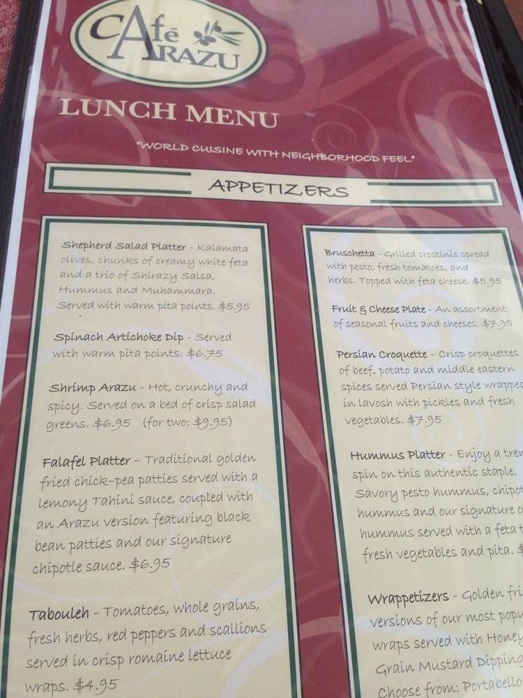 Menu at Café Arazu restaurant, Newburgh
