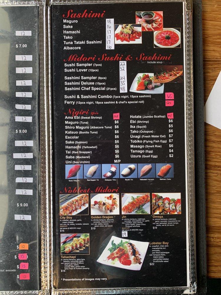 Menu at Midori Sushi restaurant, Tehachapi