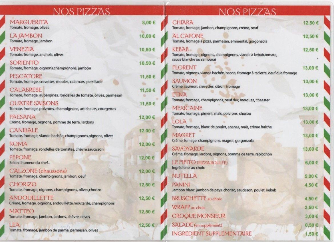 Menu au pizza fifi pizzeria, Saint-Léonard-de-Noblat