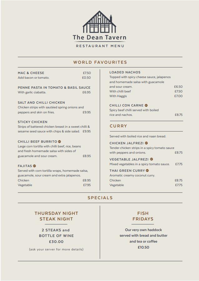 Menu at The Dean Tavern pub & bar, Dalkeith, 80 Main St