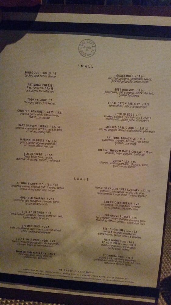 Menu at The Grove restaurant, Houston, Lamar St