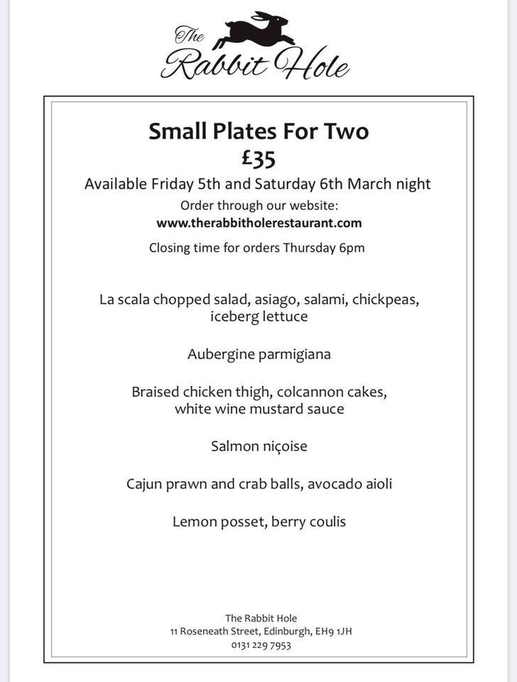 Menu at The Rabbit Hole restaurant, Edinburgh, 11 Roseneath St