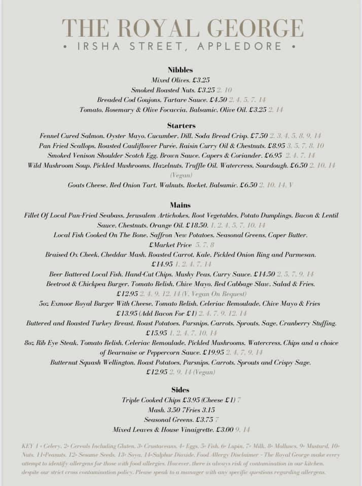Menu at The Royal George pub & bar, Bideford, Irsha St