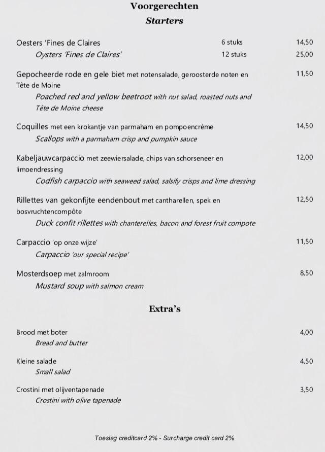 Menu at Café Restaurant De Reiger, Amsterdam