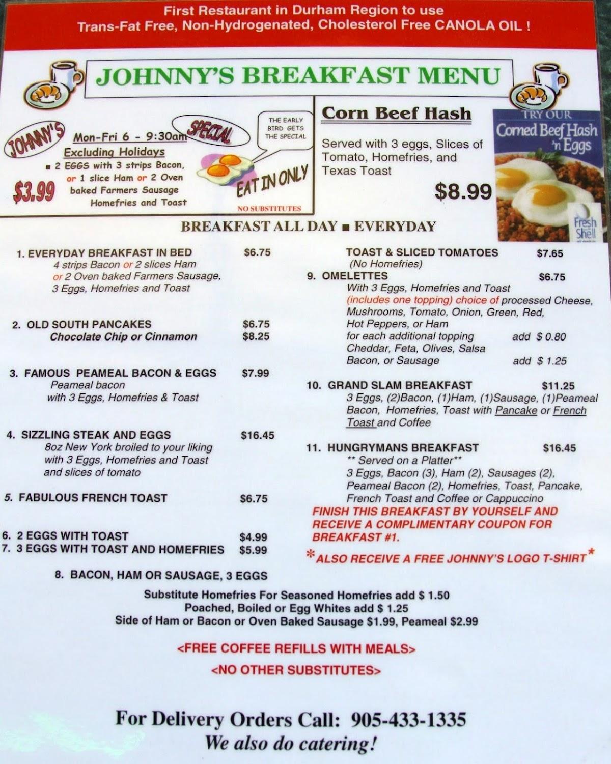 Menu at Johnny's Eatery restaurant, Oshawa