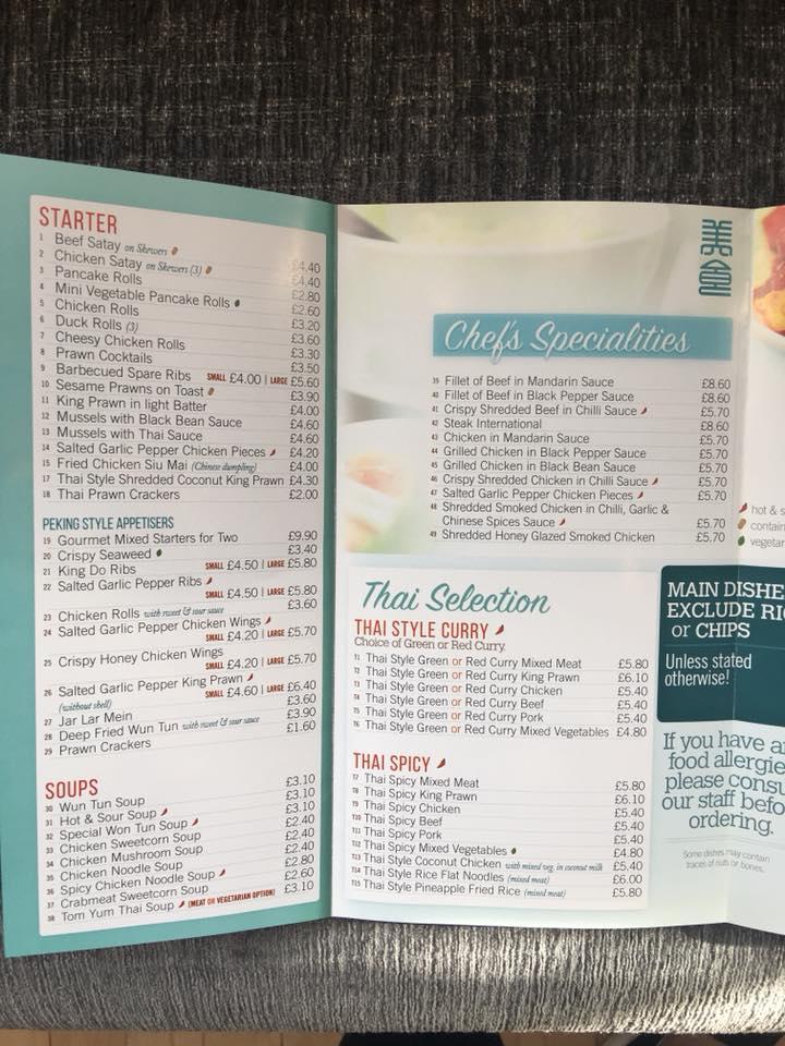 Menu at Mandarin restaurant, Helensburgh