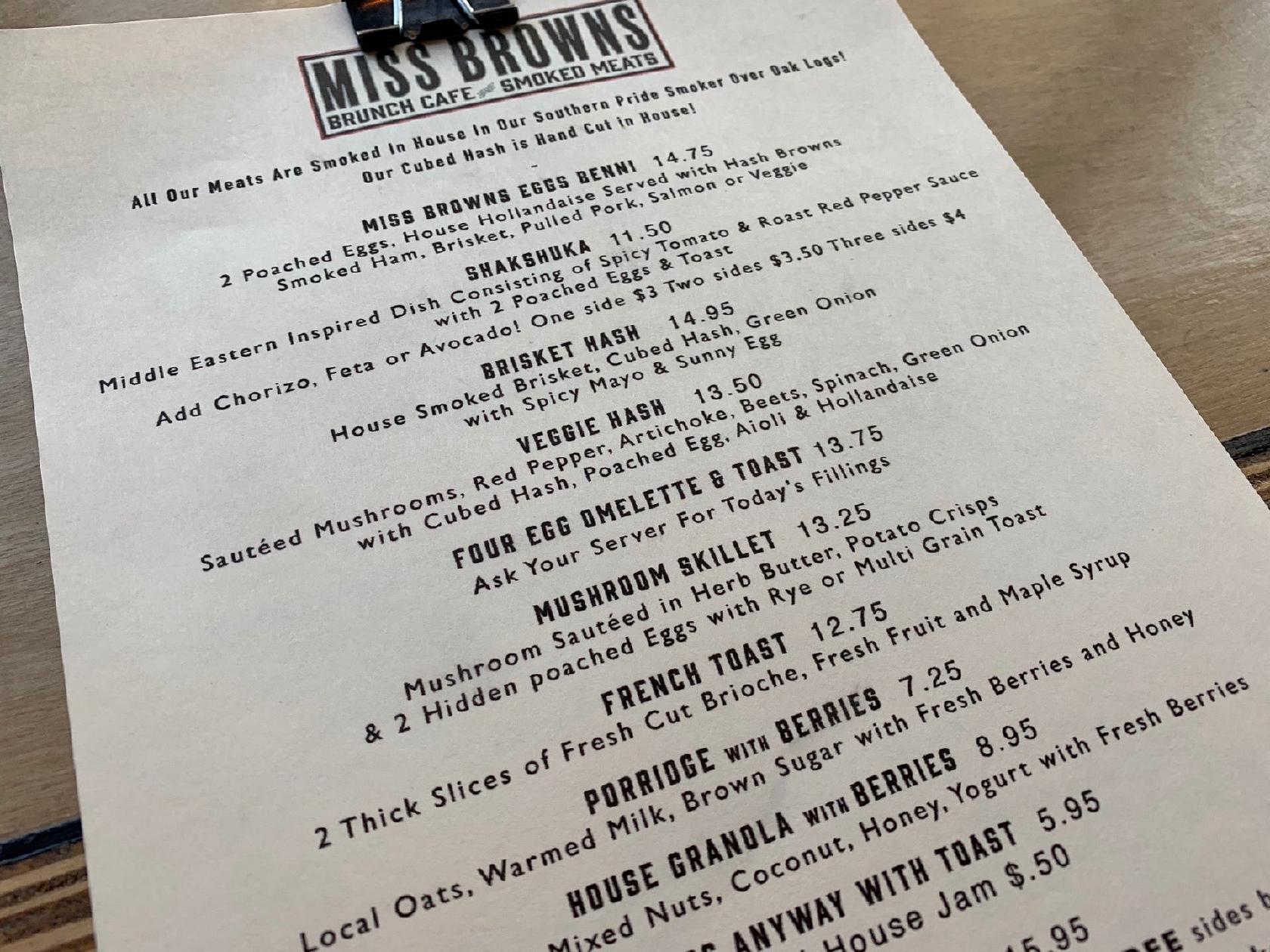 Menu at Miss Browns restaurant, Winnipeg, MARKET